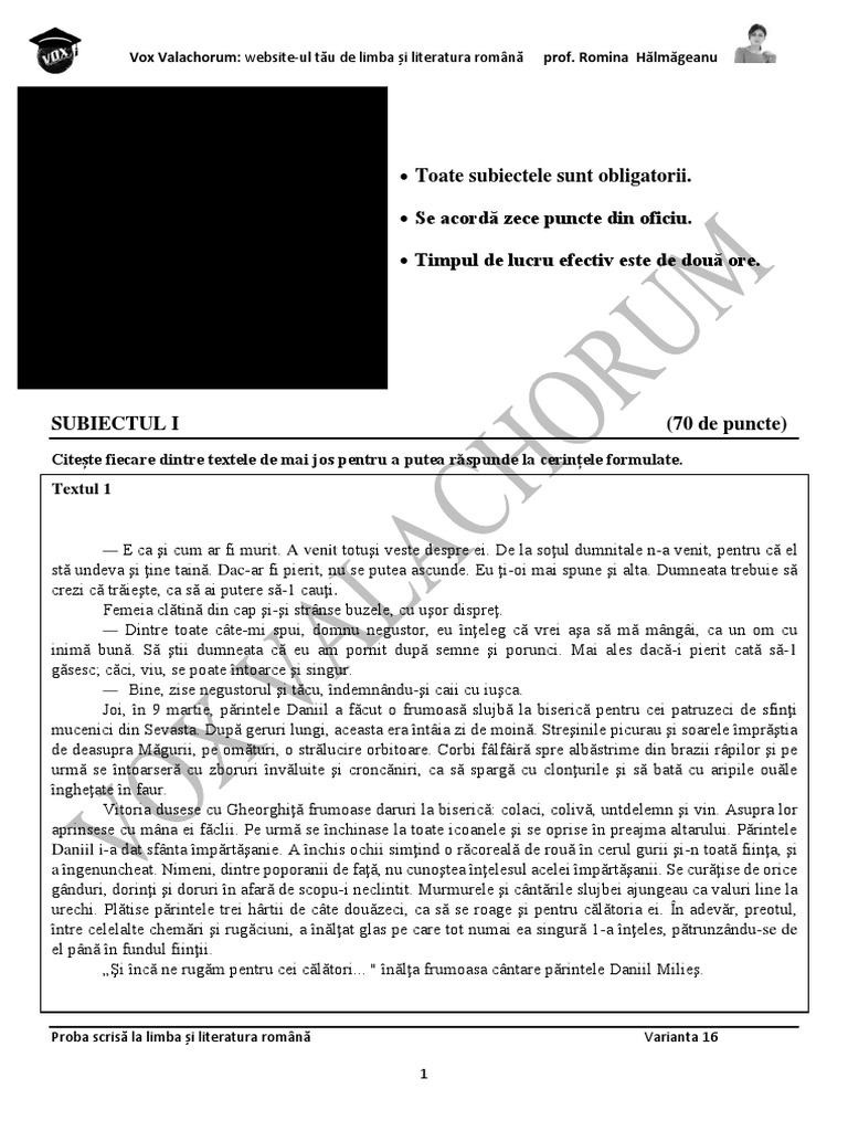 TEST DE ANTRENAMENT Nr. 16 VOX VALACHORUM | PDF