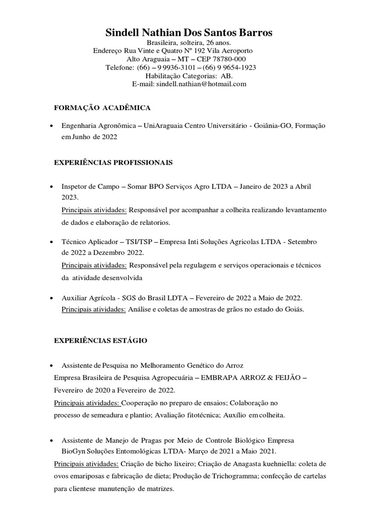 Currículo de Sindell Barros - Engenharia Agronômica | PDF | Agricultura ...