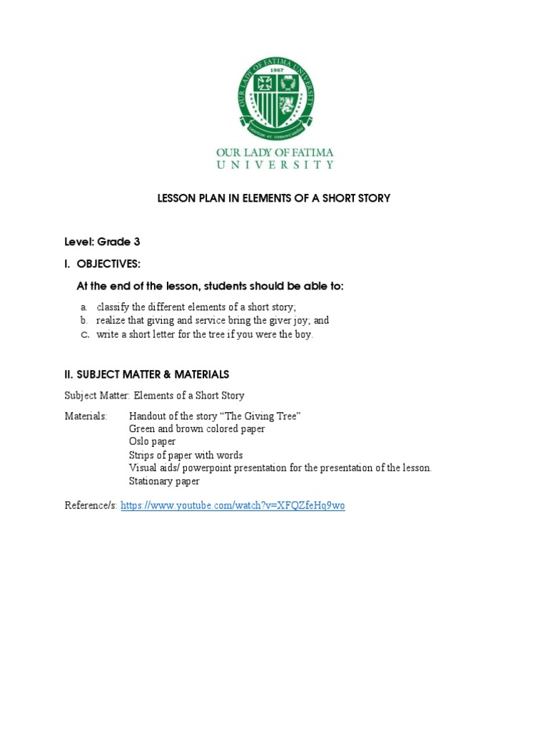 Lesson Plan in Elements of A Short Story The Giving Tree PDF | PDF