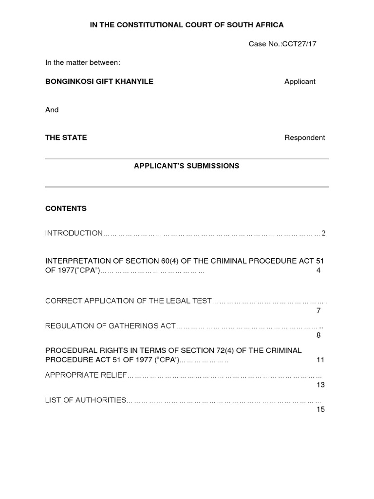 Applicant's Heads of Argument-27027 | PDF | Bail | Trials