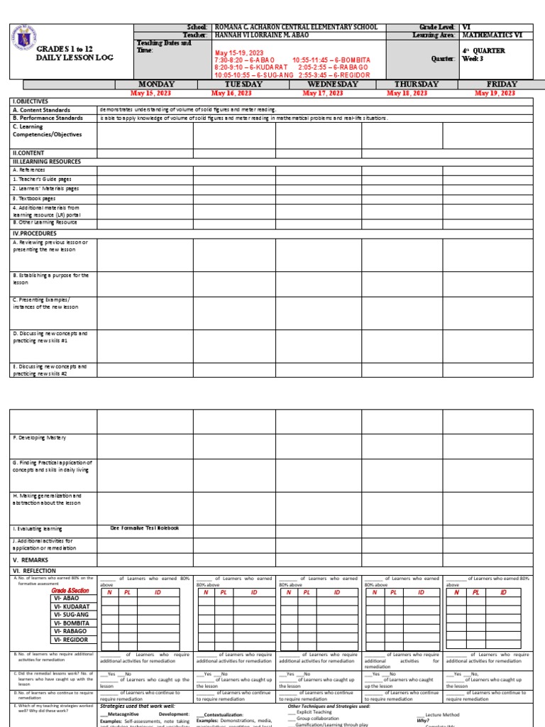 4th-Quarter DLL MATH 6 WEEK2 | PDF | Learning | Teachers