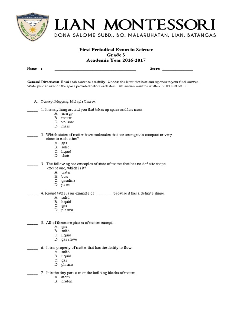 First Periodical Exam in Science 3 | PDF | Matter | Gases