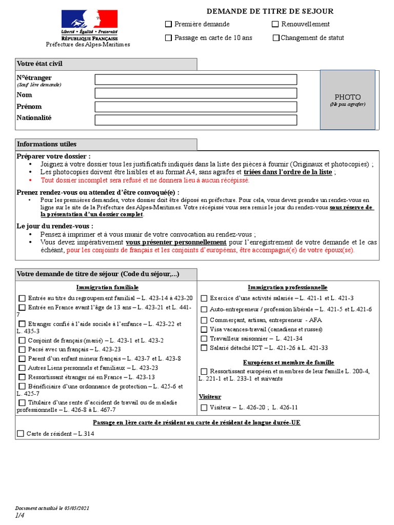 Formulaire de Demande de Titre de Séjour | PDF | Visa (Document) | Gouvernement et identité