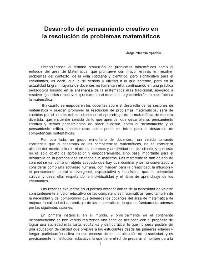 Pensamiento Creativo en Matemáticas | PDF | Creatividad | Pensamiento