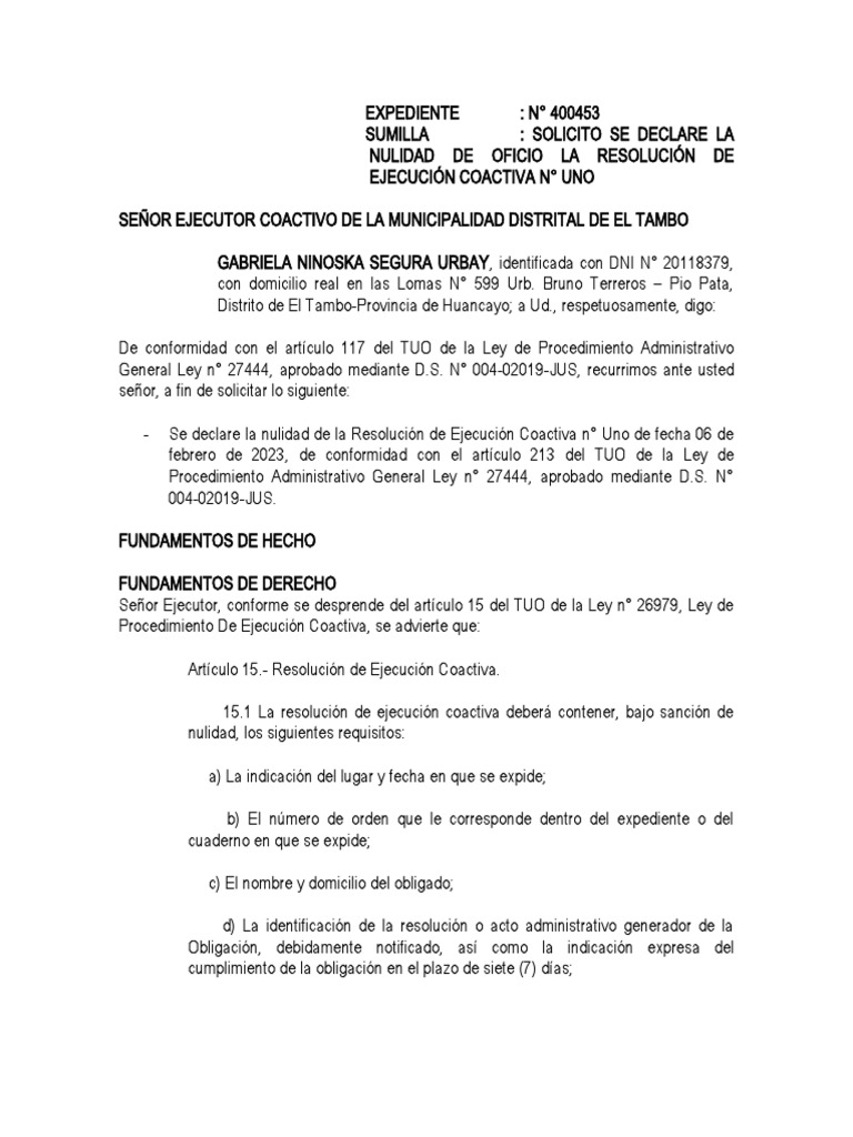 Modelo de Nulidad Administrativa | Descargar gratis PDF | Multa (pena) | Gobierno