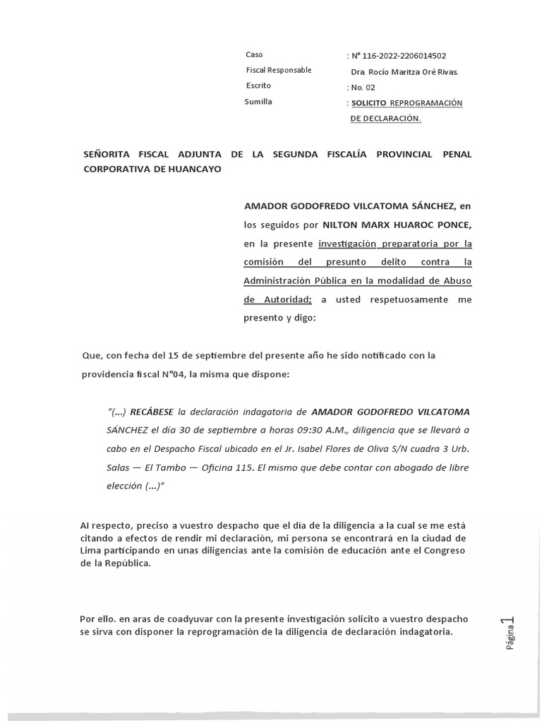 Modelo de Escrito Solicitando Reprogramacion | PDF