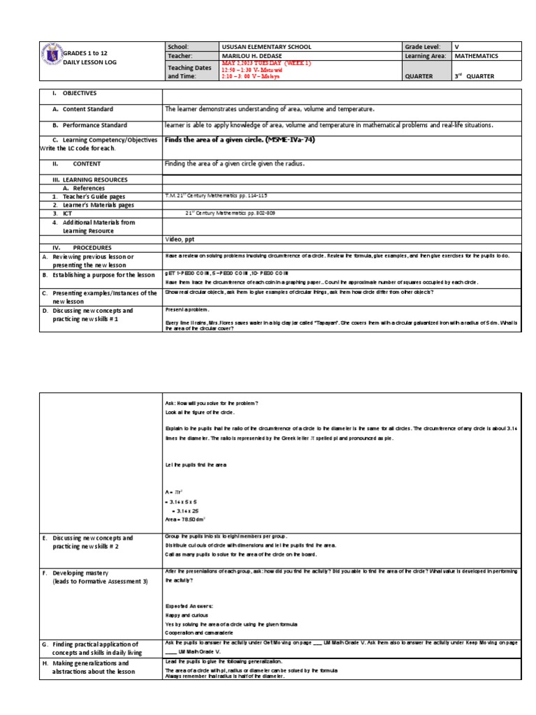 DLL in Math V Q4 Week 1 | PDF | Area | Learning
