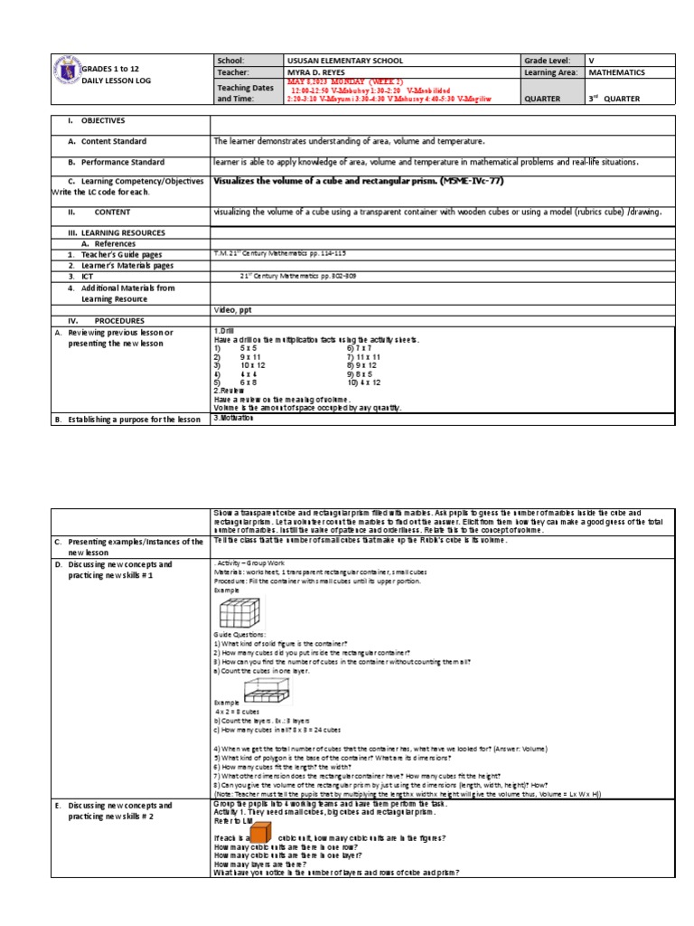 DLL in Math V Q4 Week 2 | PDF | Volume | Learning