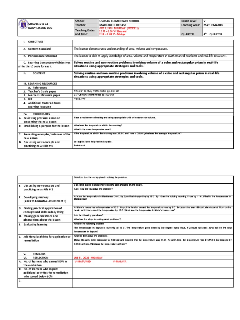 DLL in Math V Q4 Week 5 | PDF | Learning | Mathematics