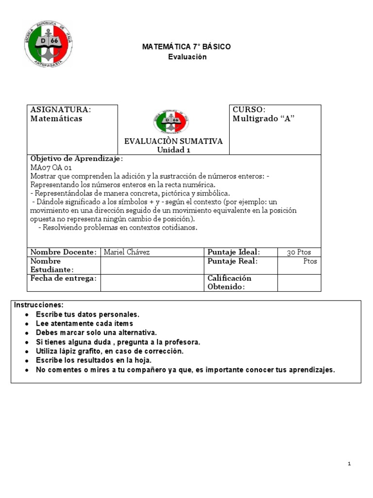 MATEMÁTICA Evaluacio N°1 Numeros Enteros | PDF | Entero | Objetos ...
