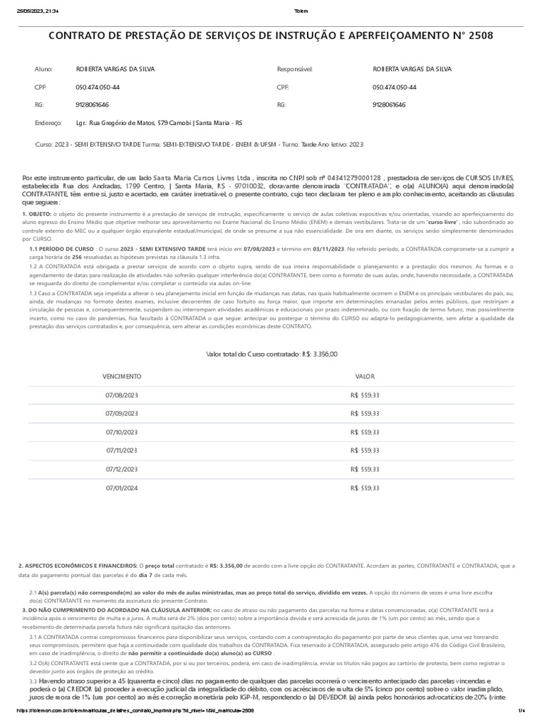 Roberta Vargas Da Silva - Contrato de Aulas | PDF