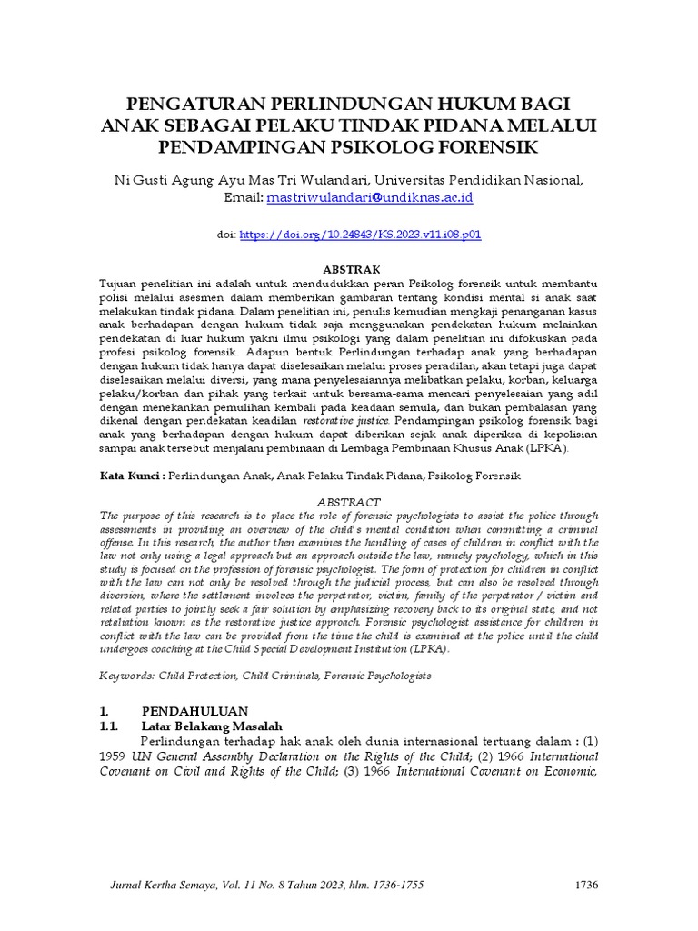 Pengaturan Perlindungan Hukum Bagi Anak Sebagai Pelaku Tindak Pidana Melalui Pendampingan ...