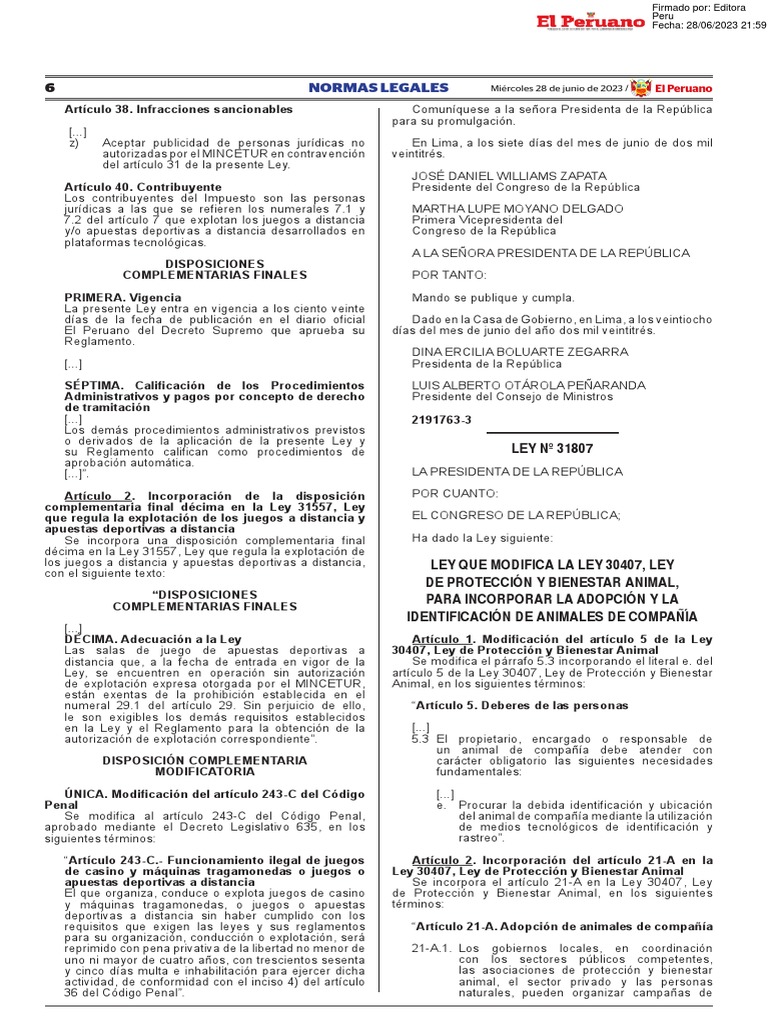 Ley Que Modifica La Ley 30407 Ley de Proteccion y Bienestar Ley N 31807 ...