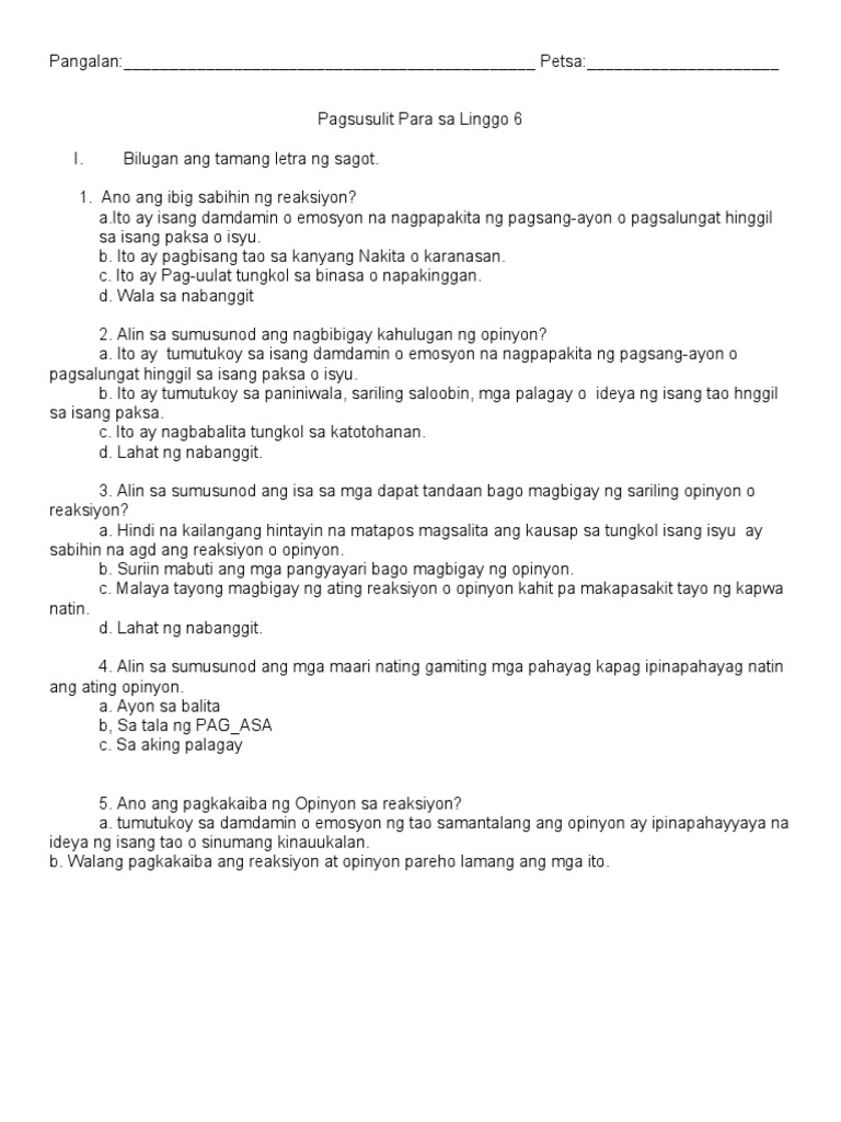 Filipino 6 Quiz 3rd Week | PDF