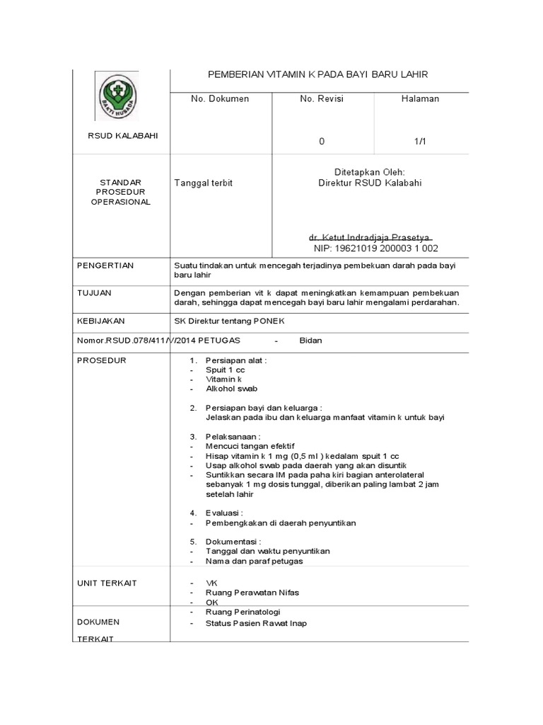 Sop 21 Pemberian Vit K Pada Bayi Baru Lahir | PDF