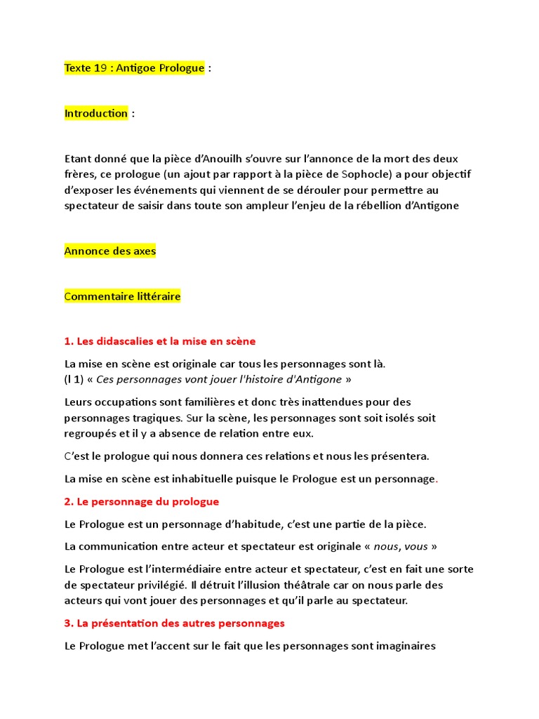 Prologue Antigone Explication Lineaire | PDF | Art | Poésie