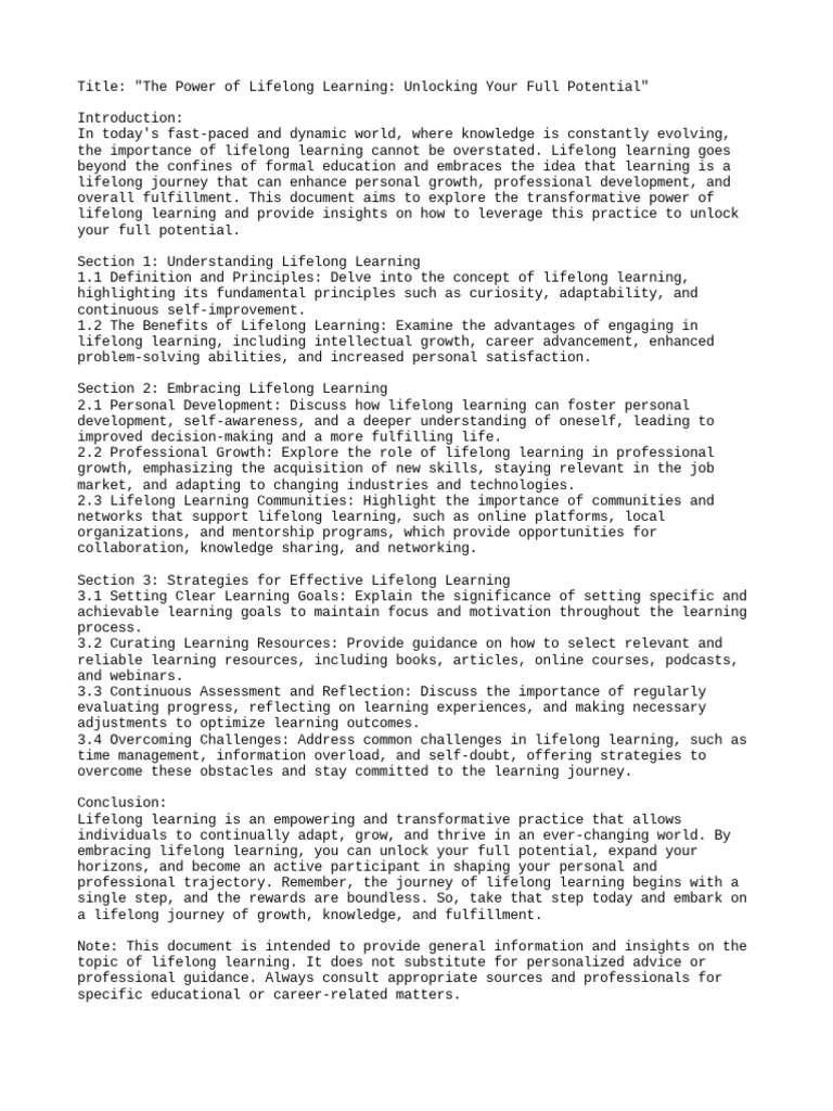 The Power of Lifelong Learning Unlocking Your Full Potential | PDF ...