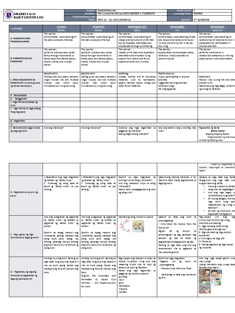 DLL - Mapeh 1 - Q4 - W4 | PDF | Learning