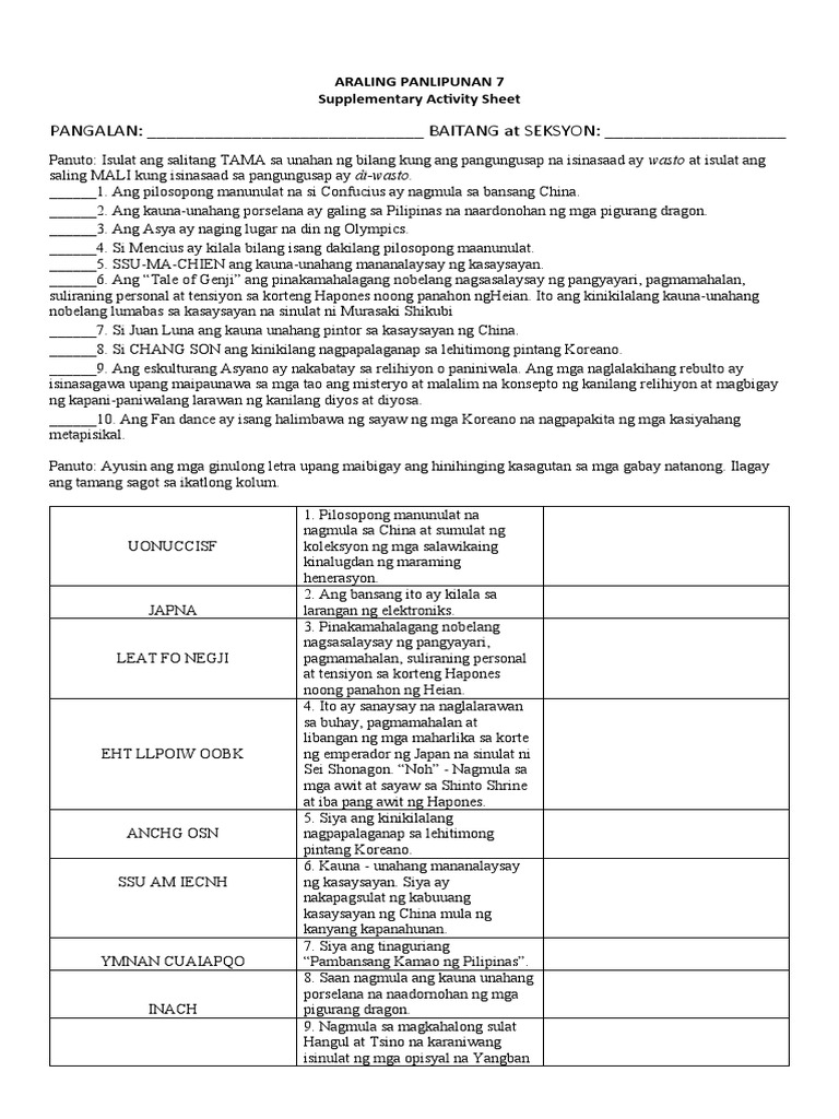Supplementary Activity SHeet | PDF