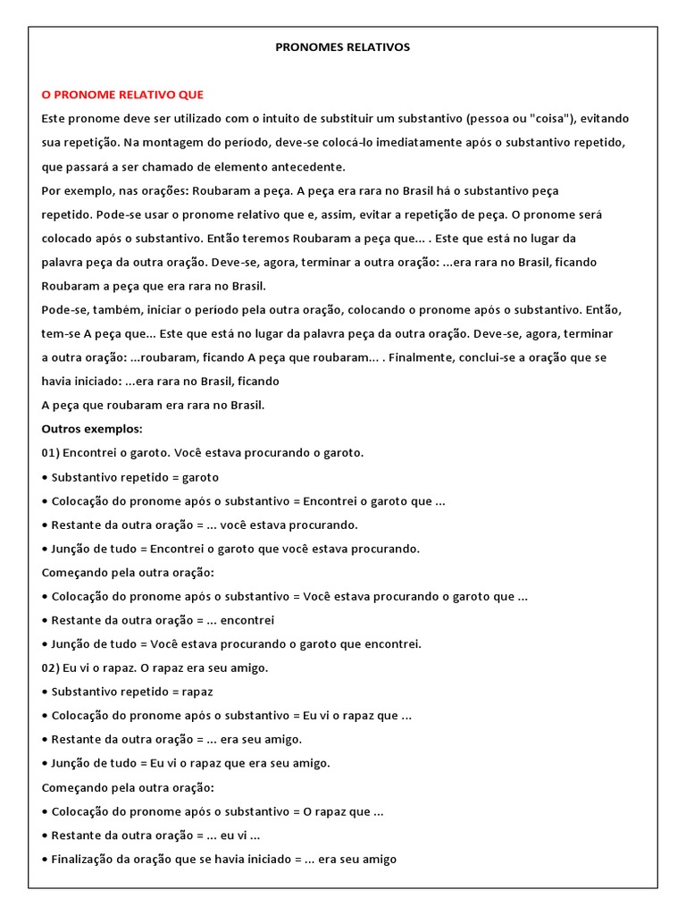 Exemplos de Pronomes Relativos | PDF | Pronome | Unidades semânticas