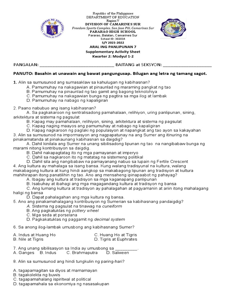 Q2 Worksheet # 1 AP 7 | PDF