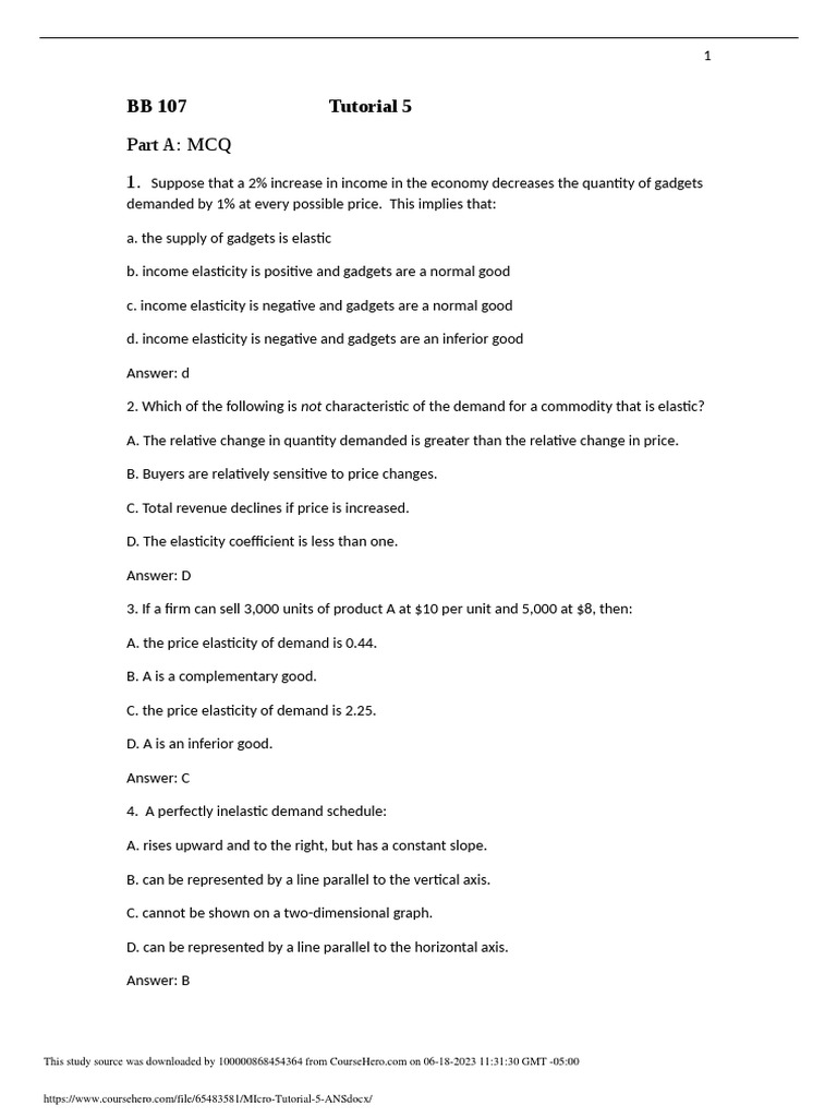 MIcro Tutorial 5 ANS | PDF | Elasticity (Economics) | Demand