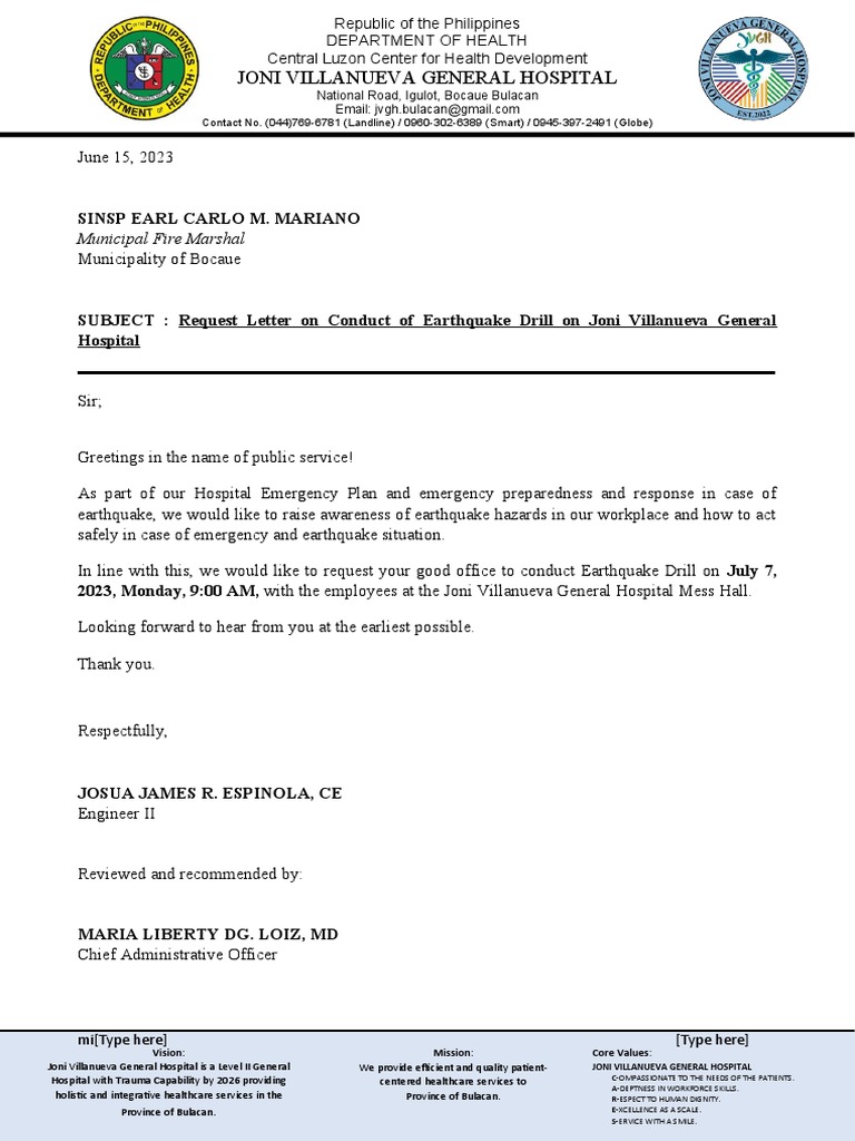 Letter of Request - Earthquake Drill - JVGH | PDF | Emergency ...