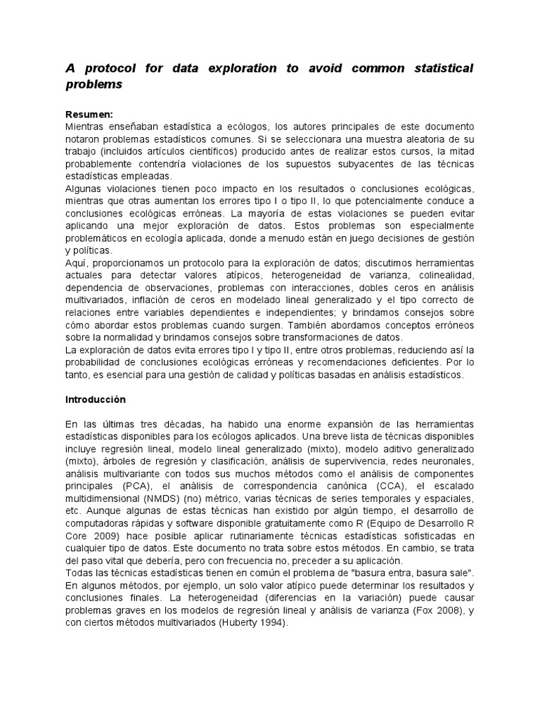 Traducción - A Protocol For Data Exploration To Avoid Common Statistical Problems | PDF ...