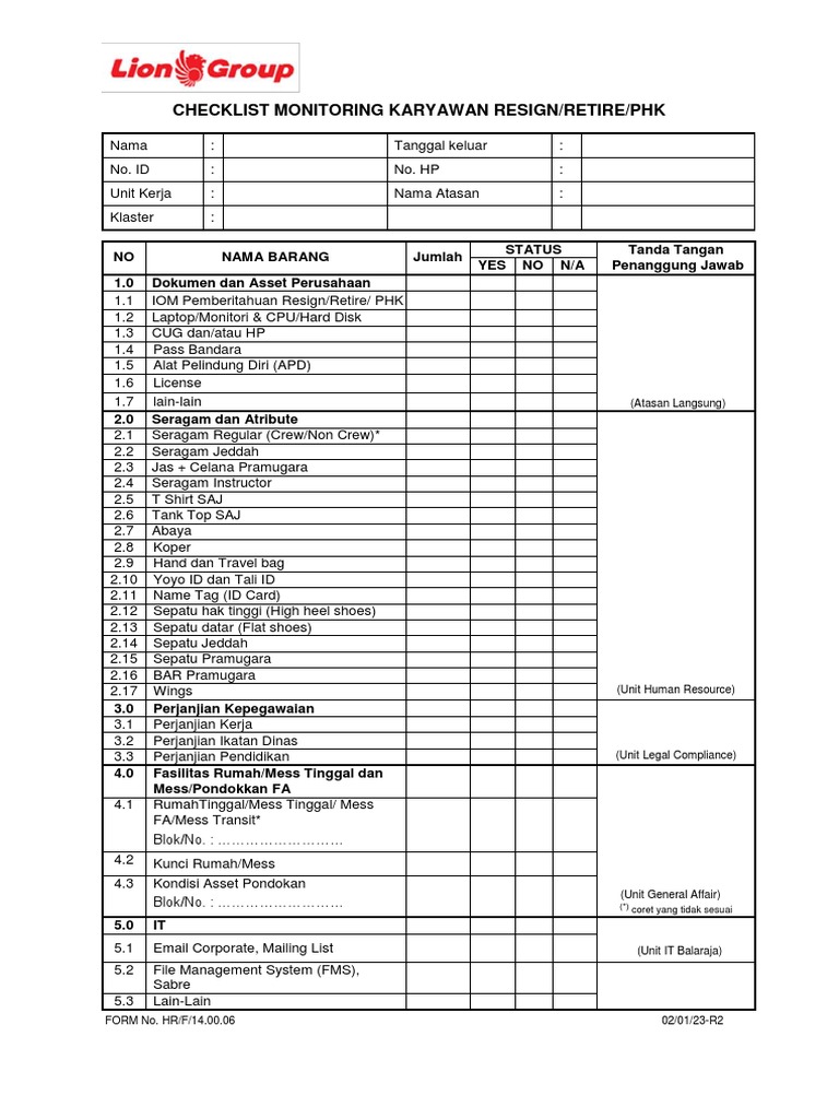 Checklist Monitoring Karyawan Resign | PDF