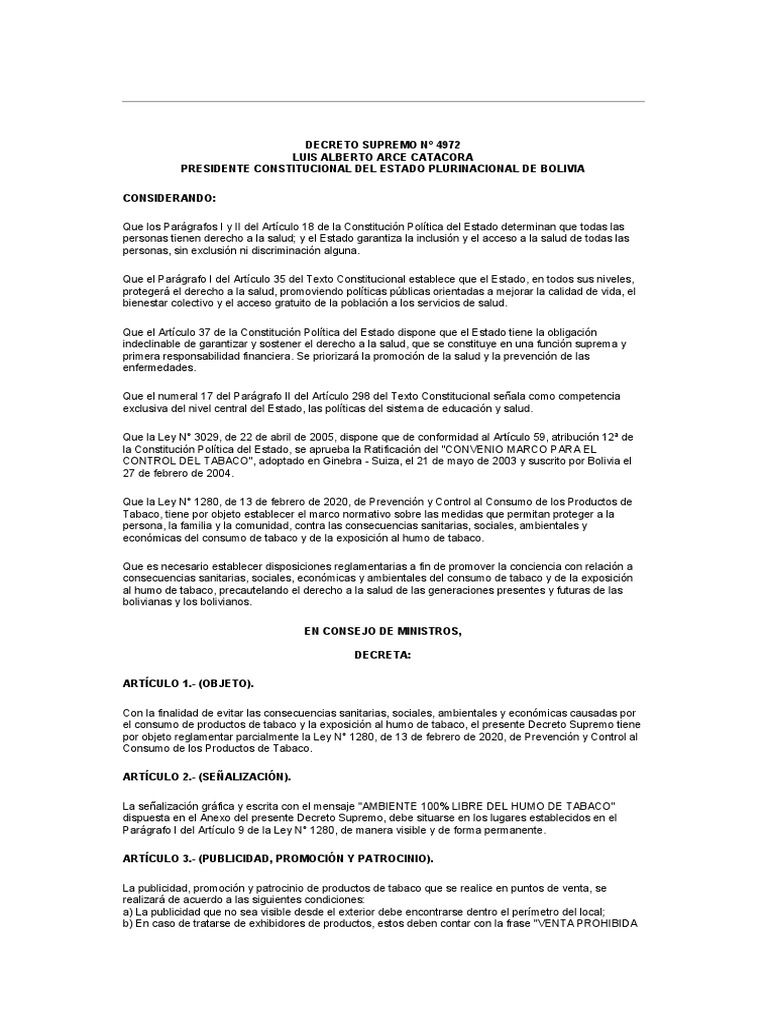 Decreto Supremo 4972 - Tabaco | PDF | Ministerio (Departamento de Gobierno) | Comisión Europea