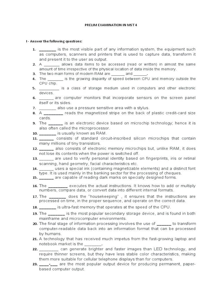 Prelim Exam in MST 4 | PDF | Operating System | Random Access Memory