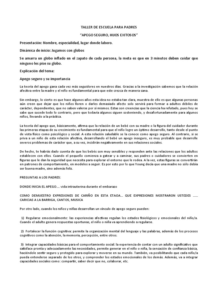 Taller De Escuela Para Padres Pdf Teoría De Apego Adultos