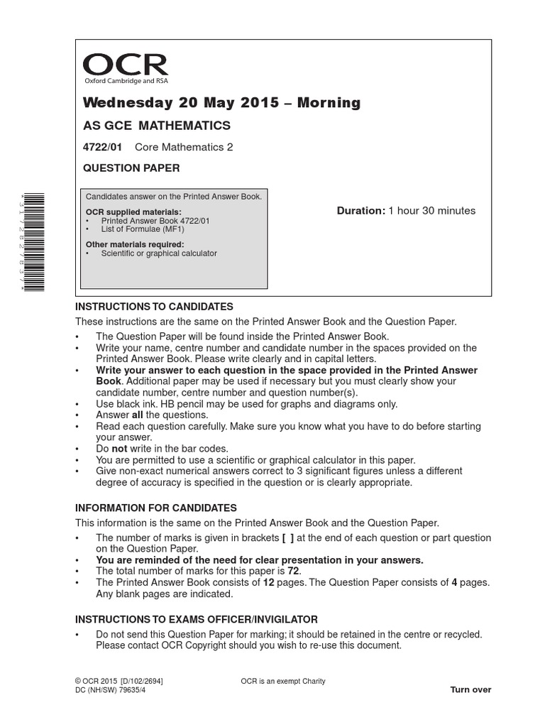 June 2015 QP - C2 OCR | PDF | Equations | Mathematics June 2015 QP - C2 OCR | PDF | Equations | Mathematics