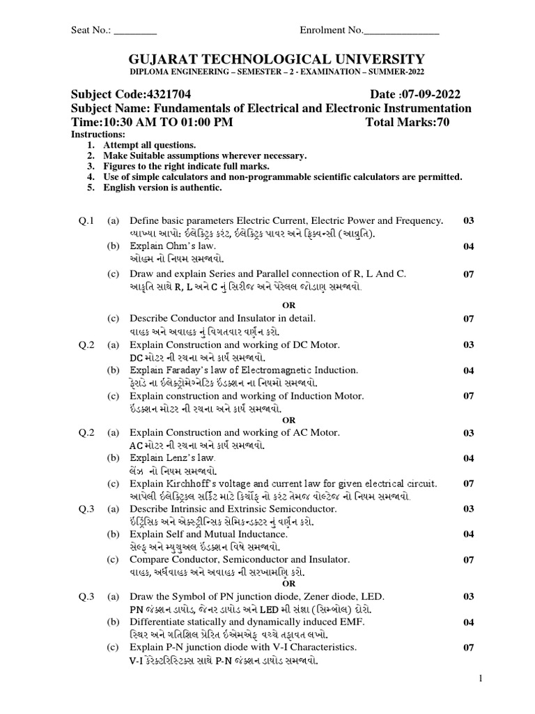 Gujarat Technological University: Diploma Engineering - Semester - 2 - Examination - Summer-2022 ...