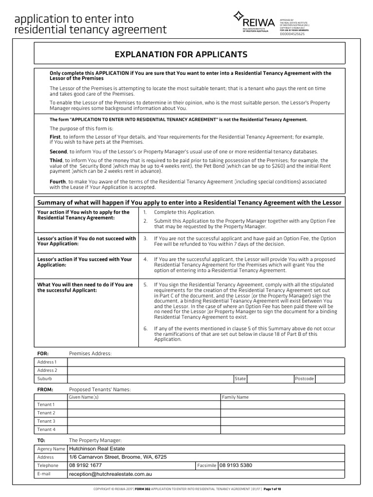 REIWA Application For Tenancy | PDF | Lease | Leasehold Estate