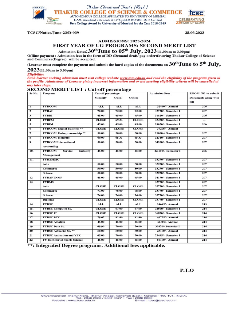 Second Merit List of First Year of Ug Programme 2023 - 24 | PDF