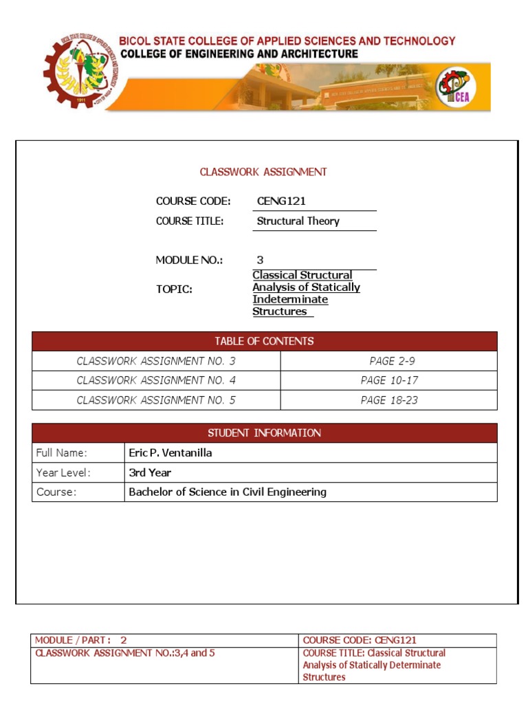 VENTANILLA - CENG121 (Mod3-Classwork Assignment 3,4 and 5) | PDF | Structural Analysis | Bending