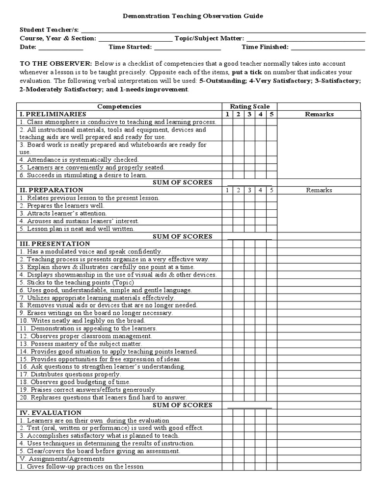 Teaching Observation Evaluation Guide | PDF | Learning | Teachers