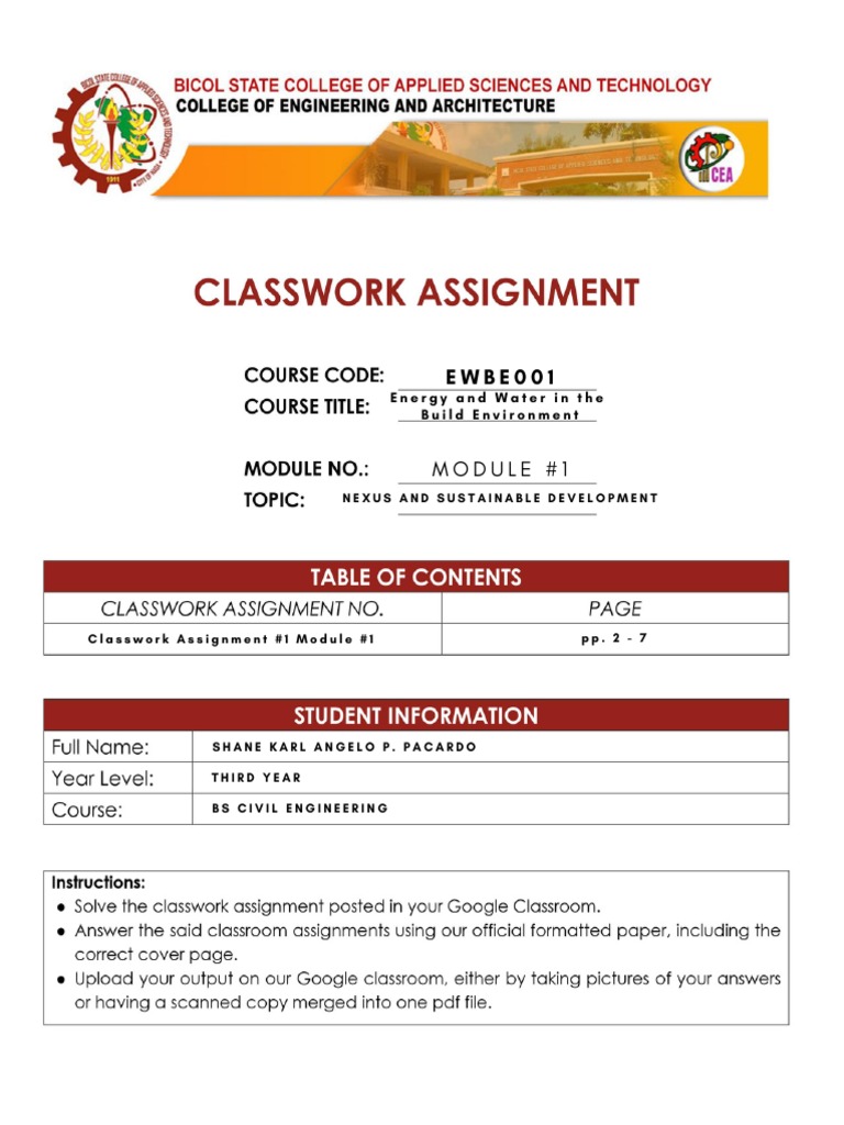 Classwork Assignment 1 Module 1 PACARDO BSCE 3A 1 | PDF | Sustainability | Sustainable Design