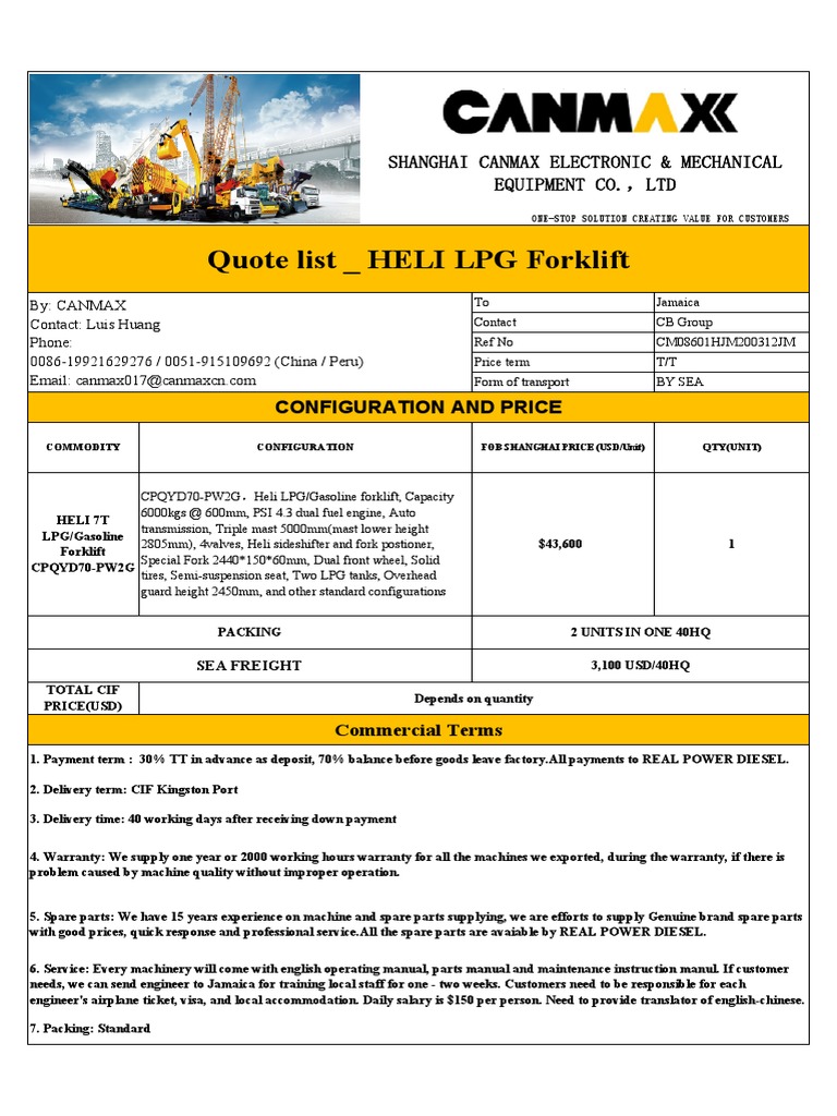 Quotation of HELI 7t LPG Forklift From CANMAX | PDF | Forklift ...
