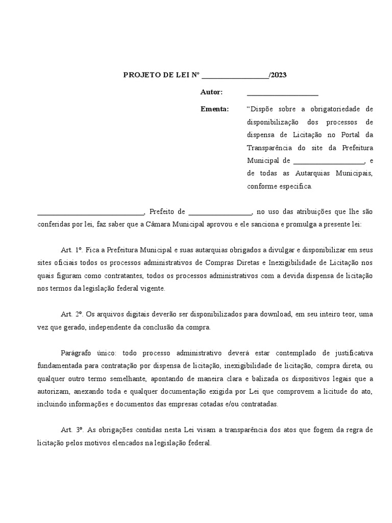 PL modelo de lei dispensa de licitação | PDF