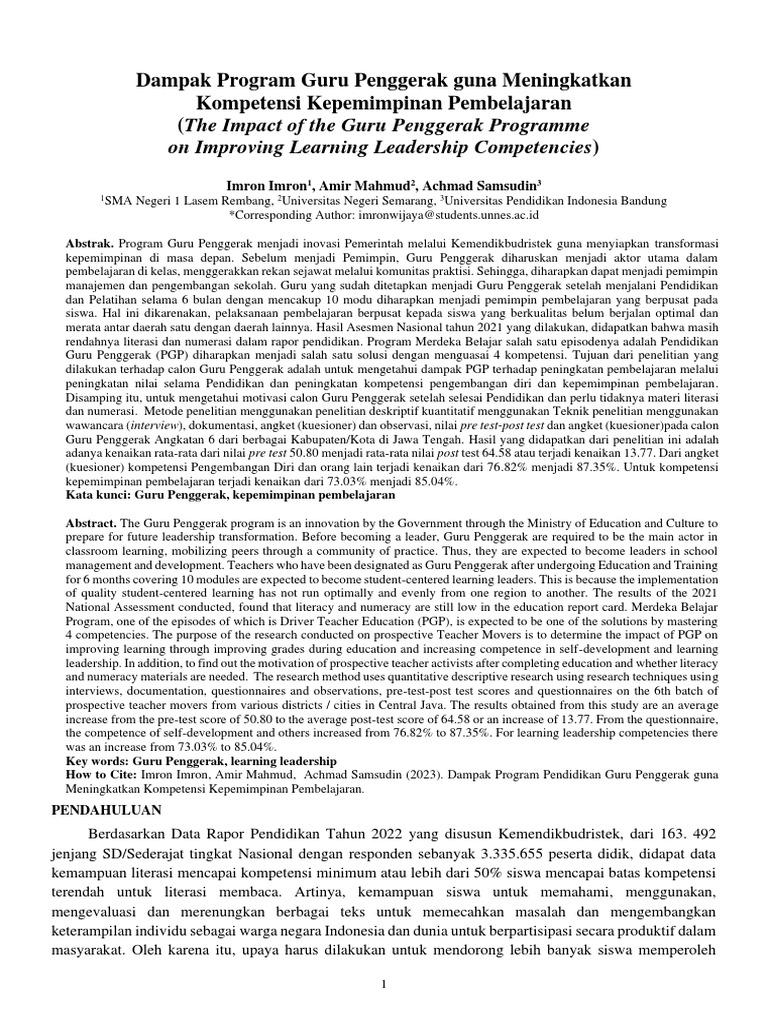 Artikel - IMRON - Dampak Program Guru Penggerak Guna Meningkatkan Kepemimpinan Pembelajaran ...