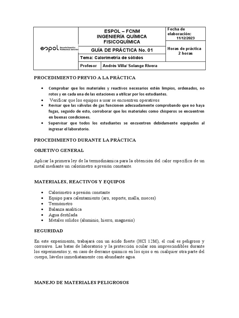 Practica 1 - Calorimetría de Sólidos (2) | PDF | Calor | Temperatura