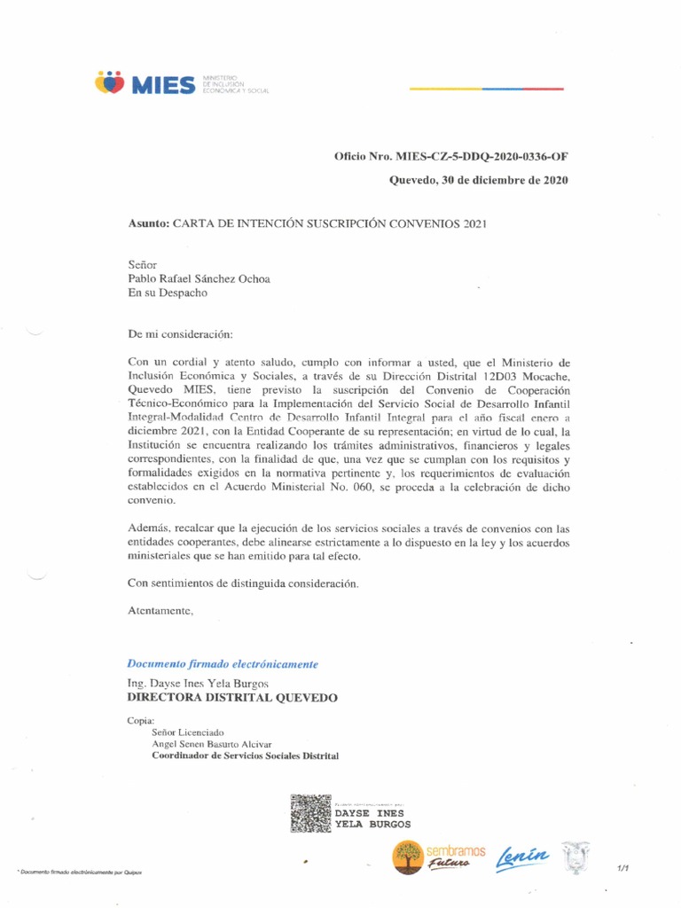15 Oficio Mies CZ 5 DDQ 2020 0336 of Carta de Intencion Convenios 2021 Centro de Desarrollo ...