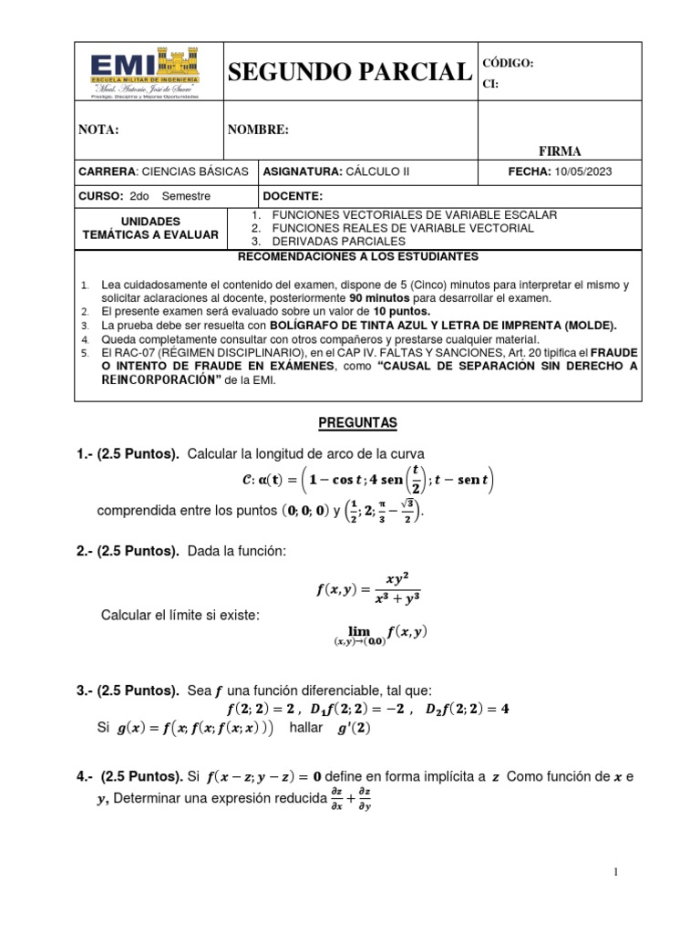 Evaluación de Cálculo II: Funciones y Límites | PDF | Matemáticas ...
