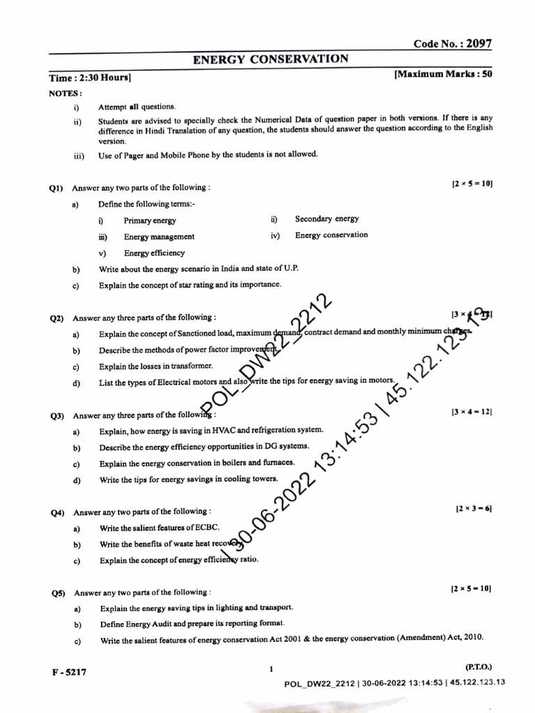 Energy Conservation Question Paper 2022 | PDF | Energy Conservation ...