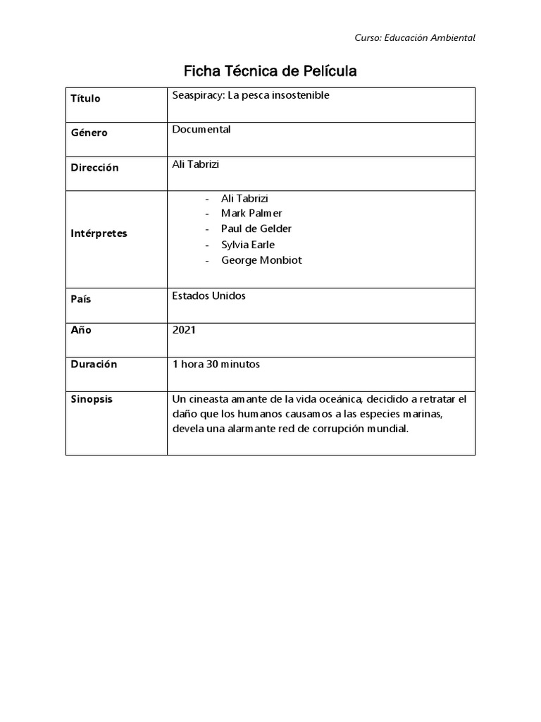 Ficha Película_Seaspiracy | PDF | Sobrepesca | Entorno natural