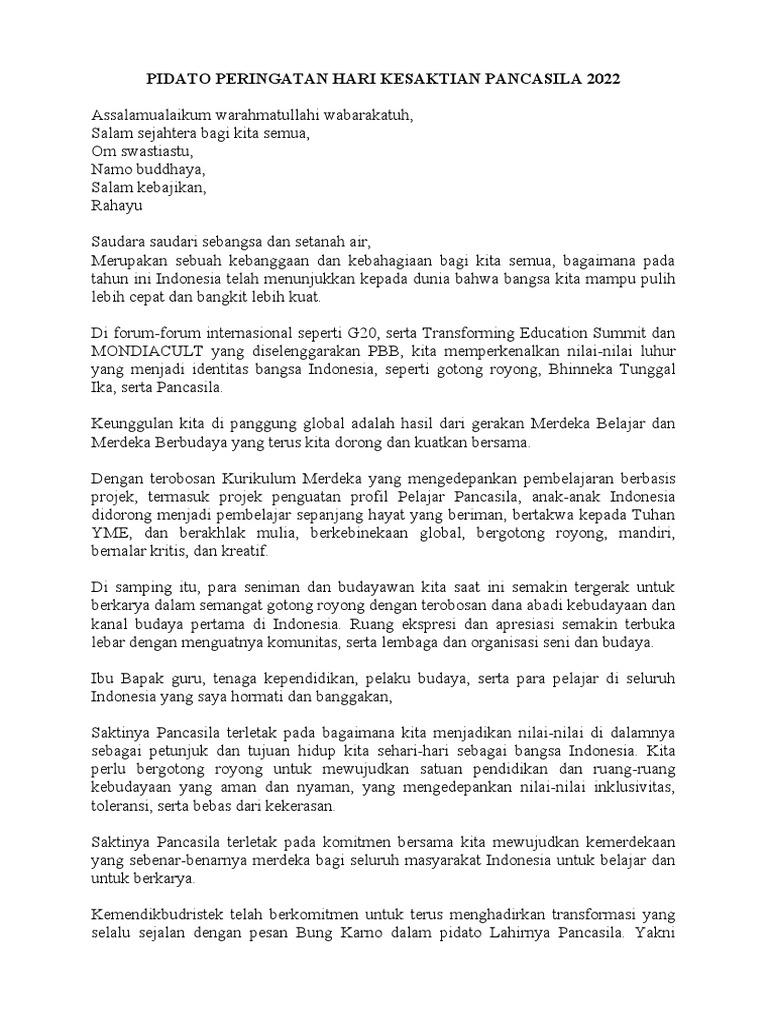 Pidato Peringatan Hari Kesaktian Pancasila 2022 | PDF