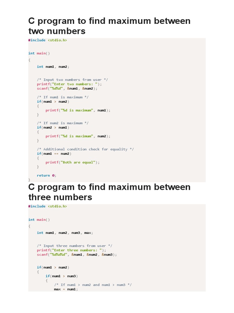 C Program To Find Maximum Between Two Numbers | PDF | Triangle | Computer Programming