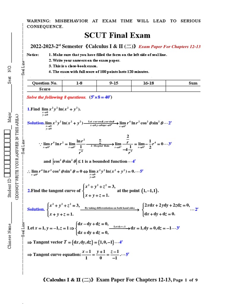 Calculus I & II Exam Paper: Chapters 12-13 | PDF | Tangent | Applied ...